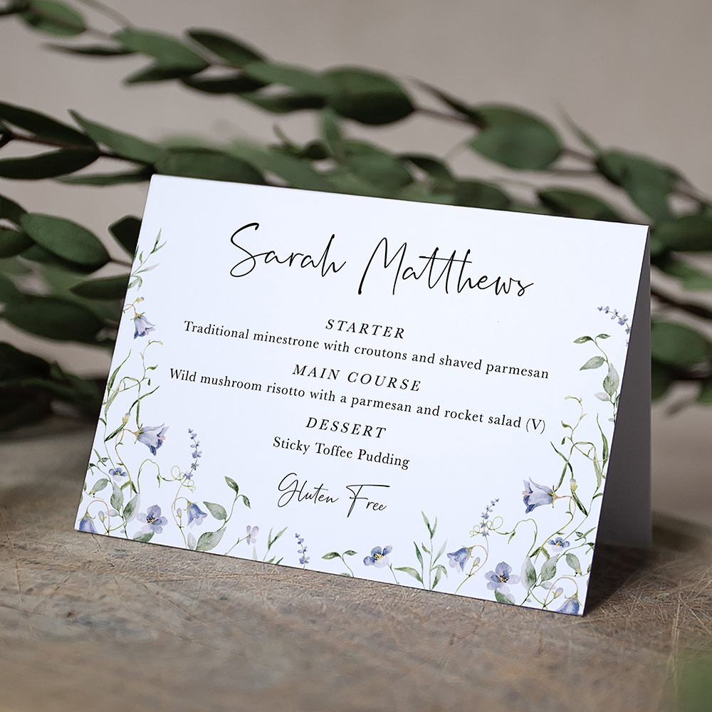 'Bluebell B100' Wedding Menu Place Cards
